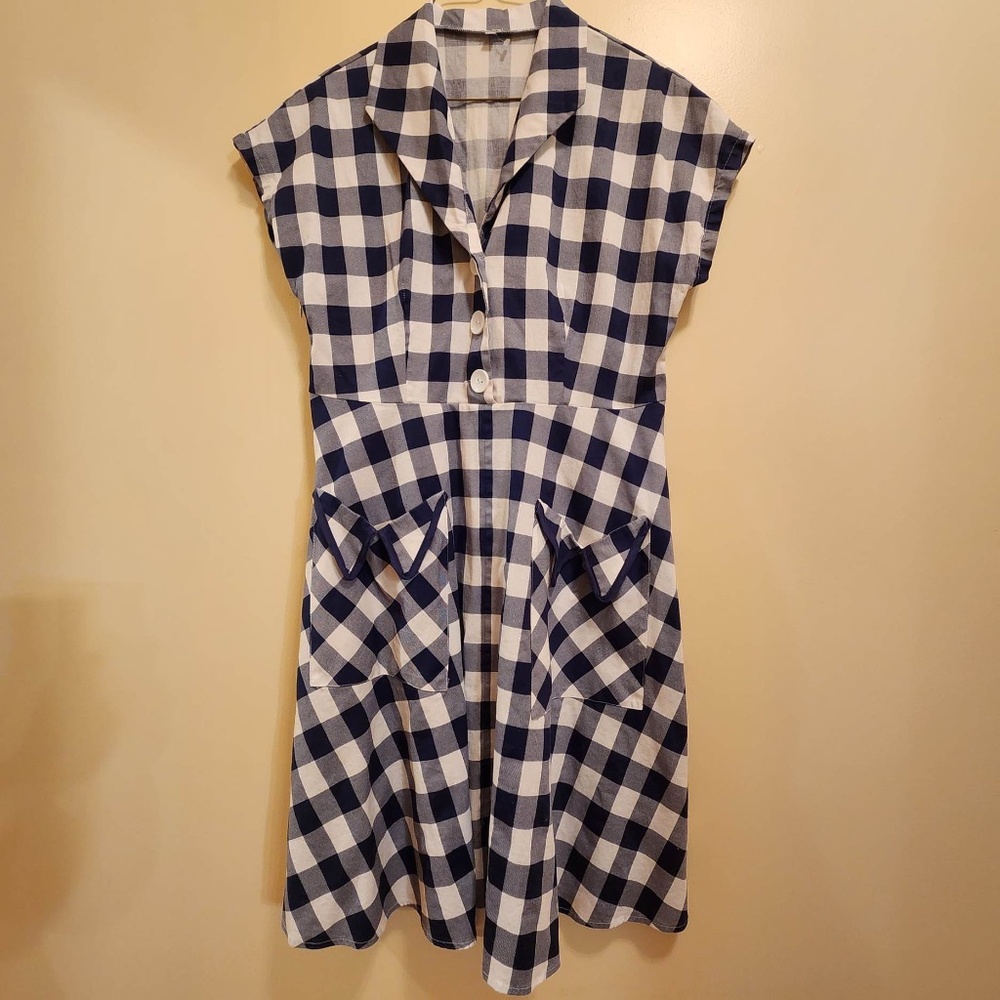 Blue / White Checkered 1950's Style Dress With Pocket… - Gem